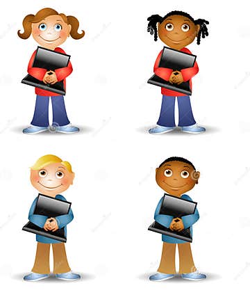 Kids Holding Laptop Computers Stock Illustration - Illustration of girl ...