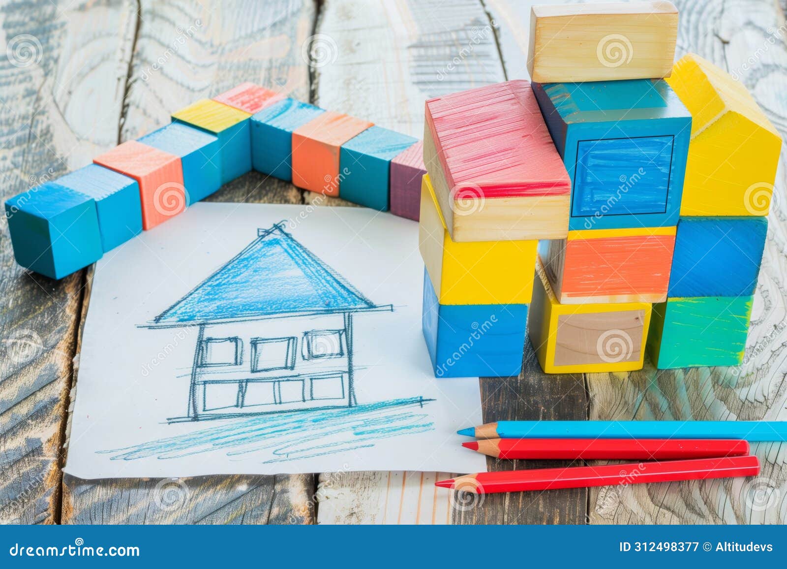 Kids House Drawing beside Real Blocks Shaped Like a House Stock Image ...