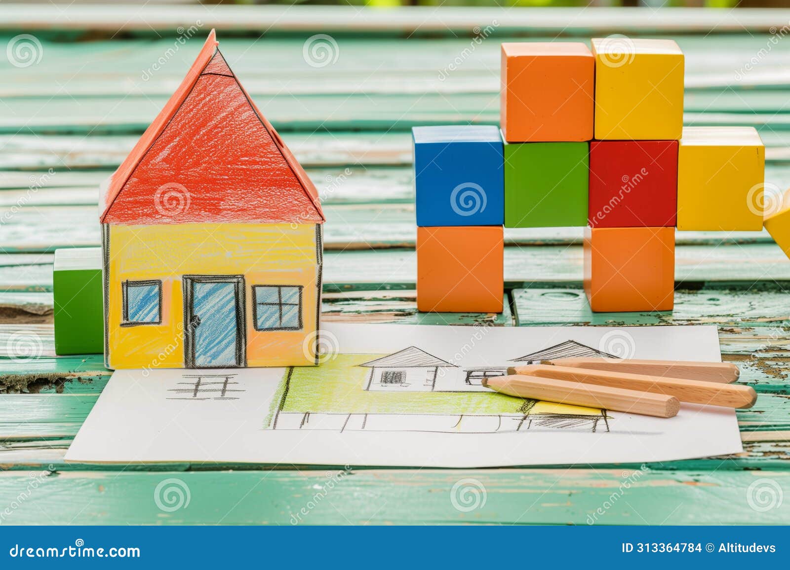 Kids House Drawing beside Real Blocks Shaped Like a House Stock Photo ...