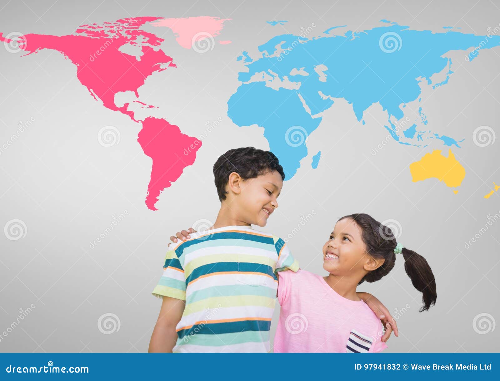 Kids Hugging in Front of Colorful World Map Stock Photo - Image of ...