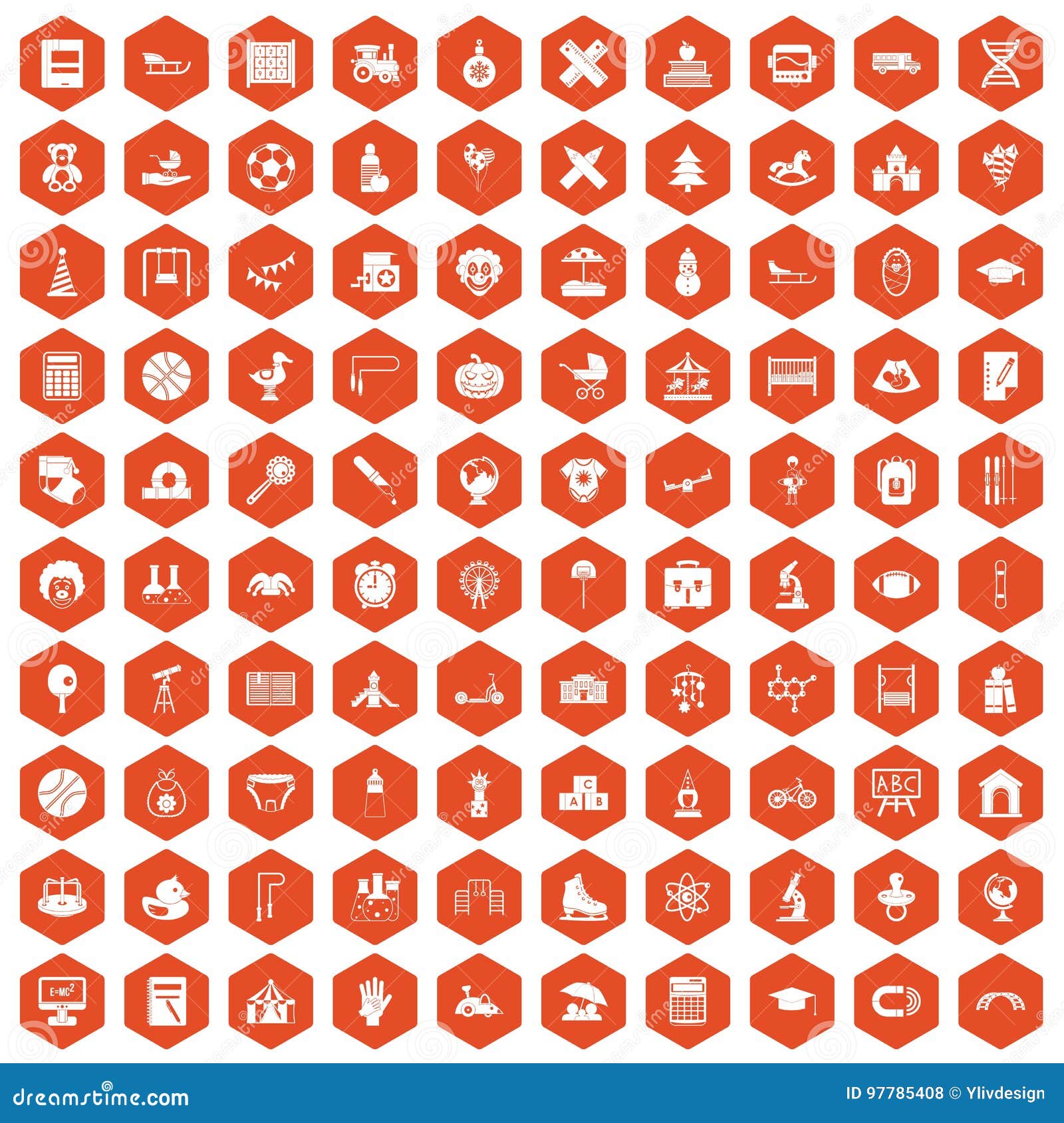 100 Kids Icons Hexagon Orange Stock Vector - Illustration of diaper ...