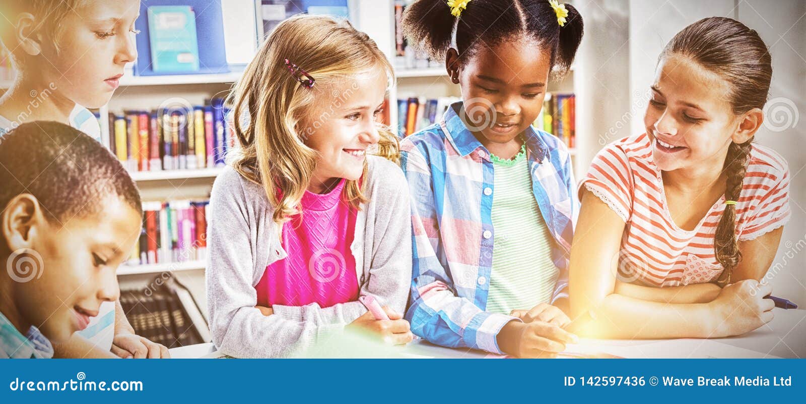 Kids Interacting with Each Other in Library Stock Photo - Image of ...