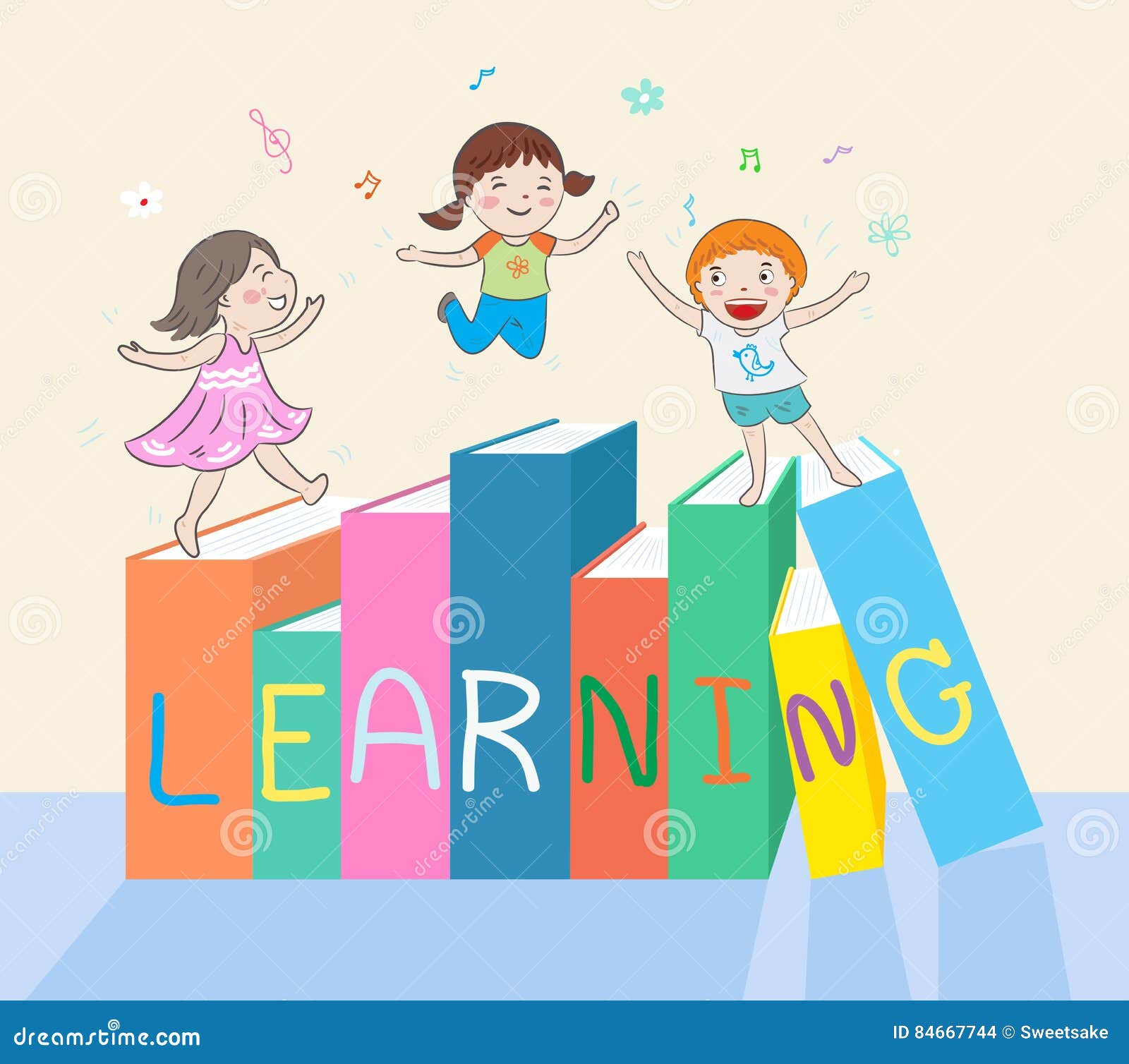 Kids jumping on books stock illustration. Illustration of girl - 84667744