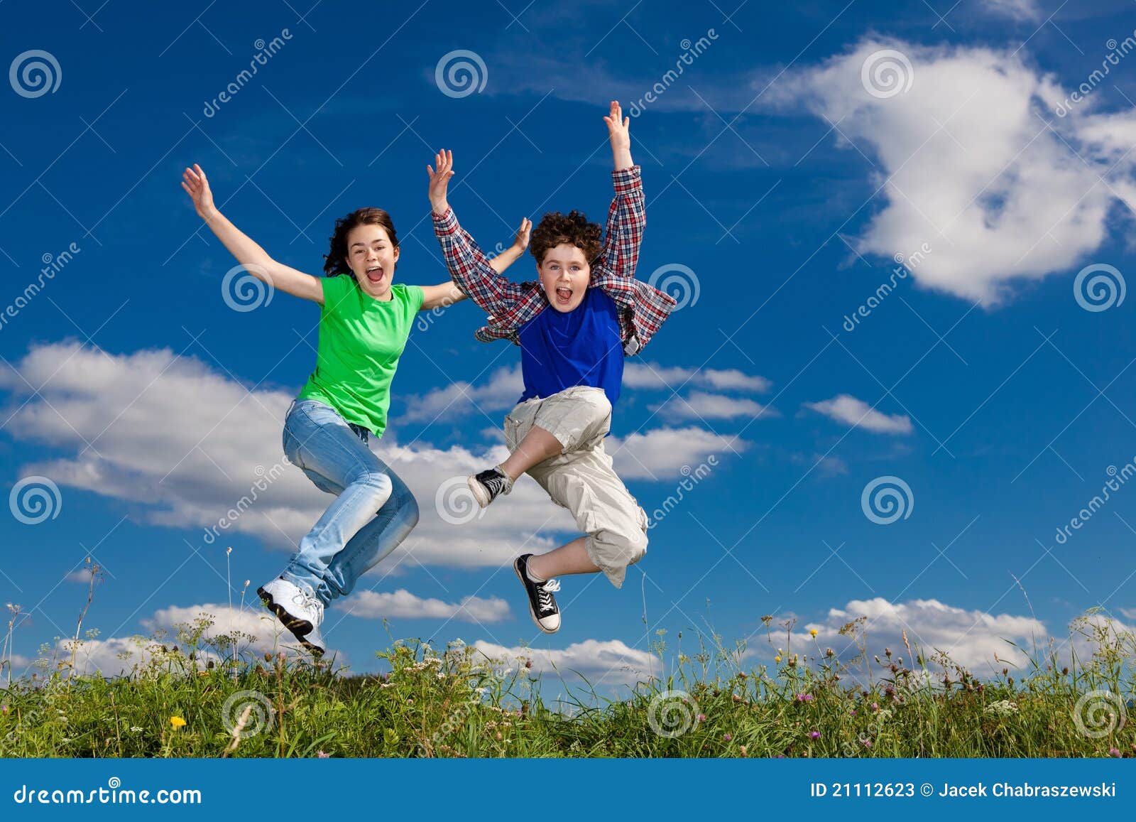 Kids jumping outdoor stock image. Image of blue, jumping - 21112623