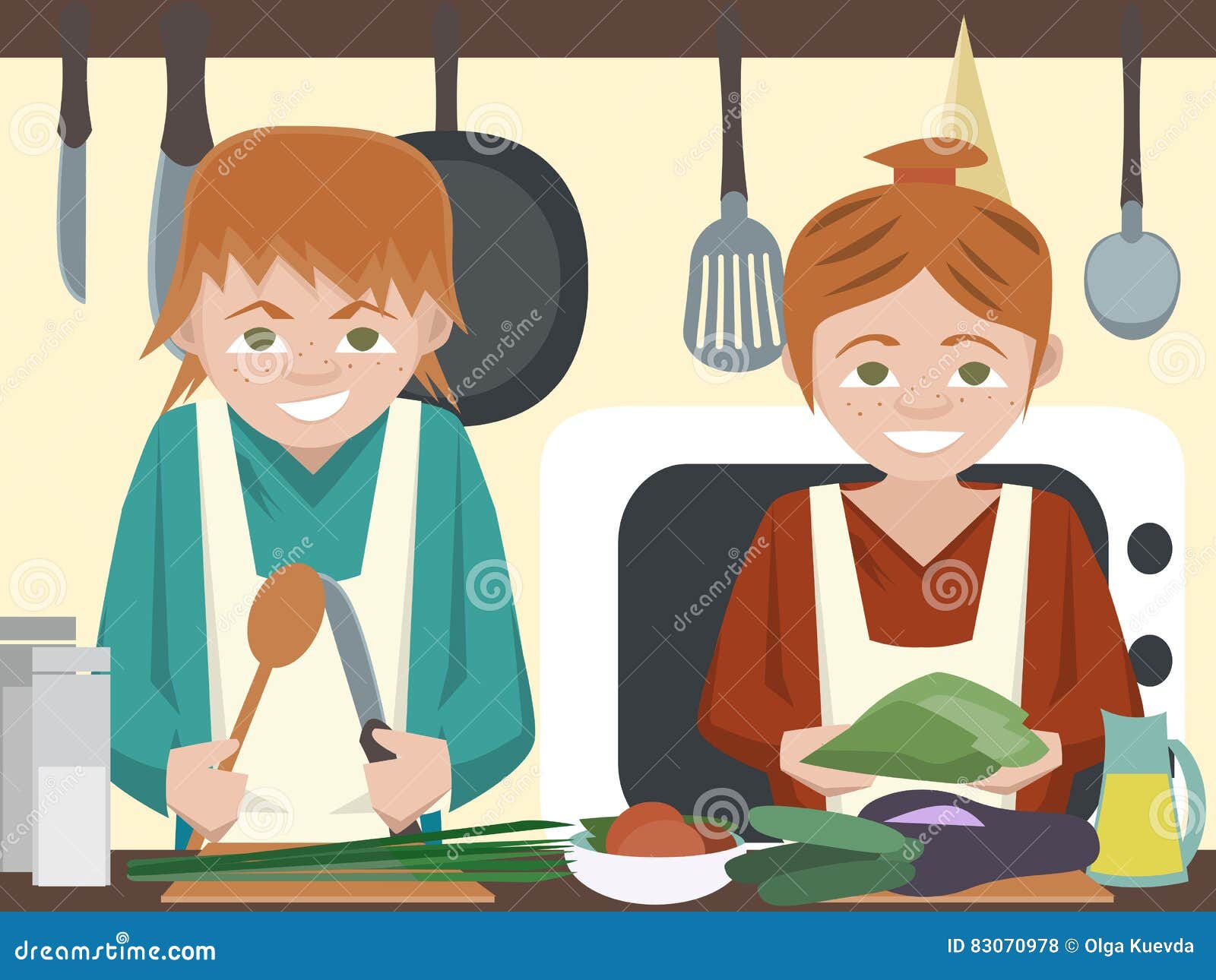 Kids at Kitchen Cooking Vegetables Vector Cartoon Stock Vector ...