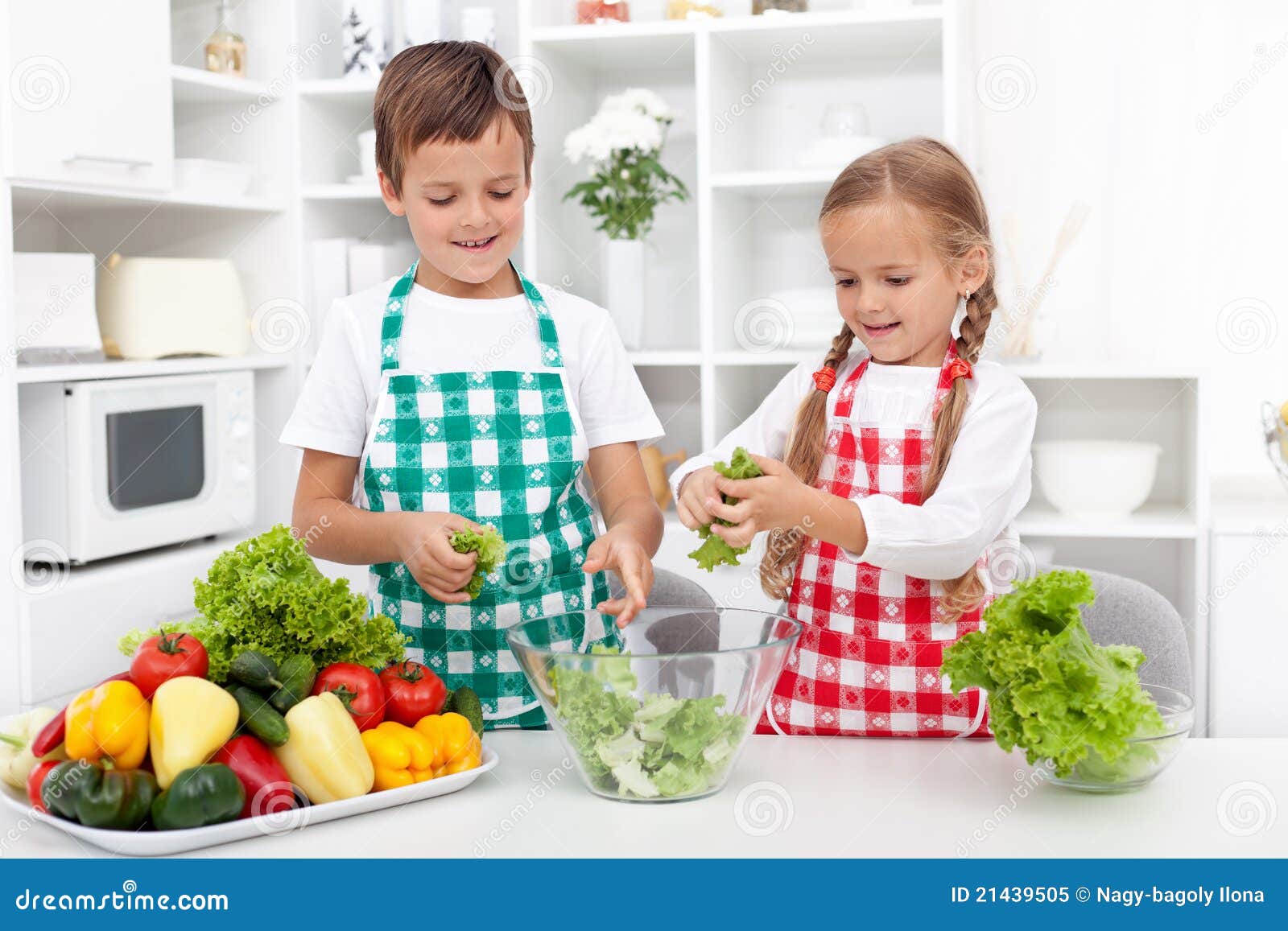 Kids in the Kitchen Preparing Salad Stock Image - Image of apron ...