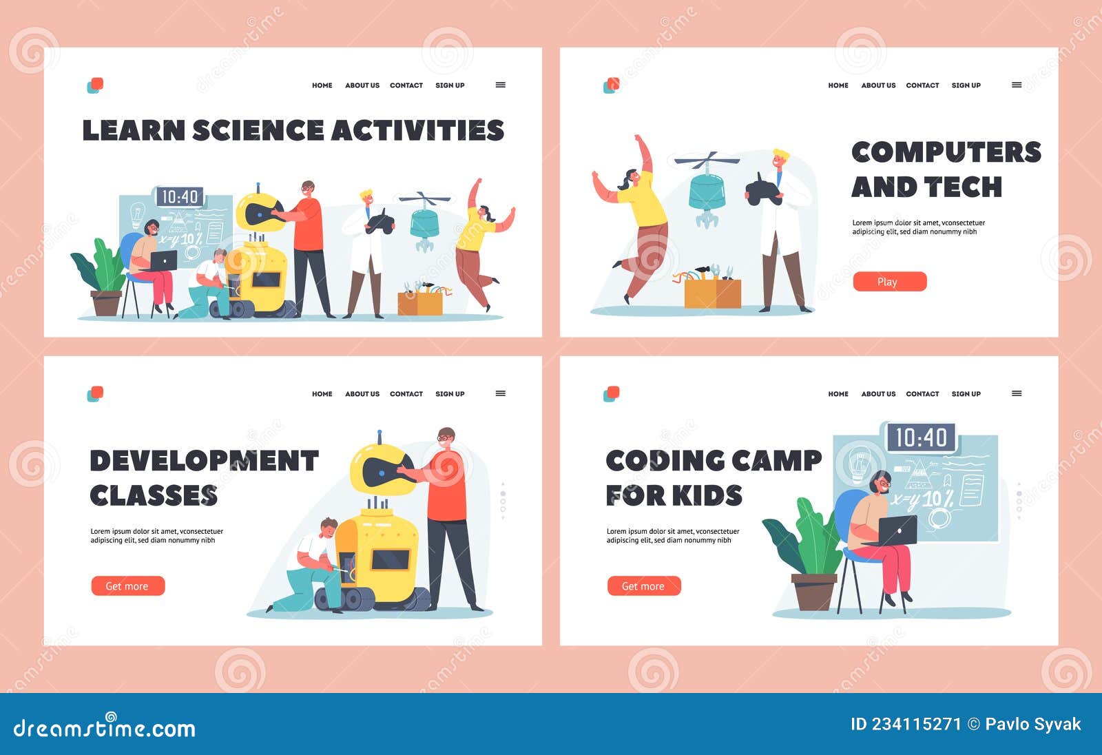 Kids Learn Science Activities Landing Page Template Set. Kids Programming Creating Robots in ...