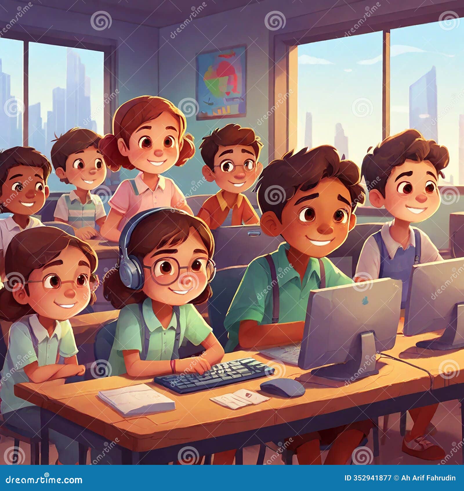 Kids Learning in a Computer Lab Stock Illustration - Illustration of ...