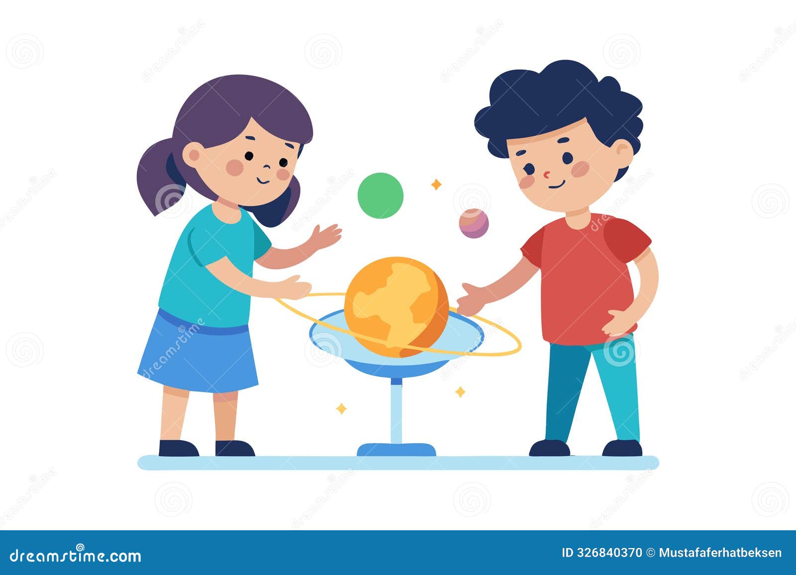 Kids Learning Geography with Globe in Classroom Stock Illustration ...