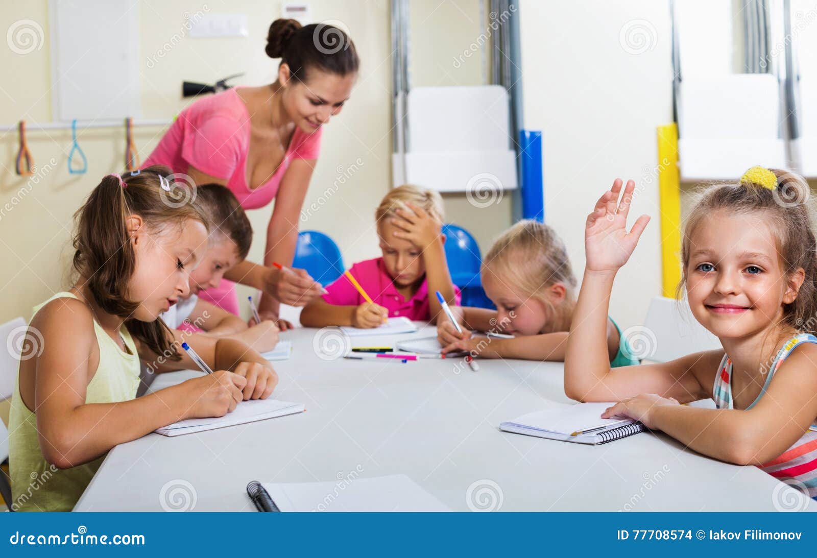 Kids Learning To Write on Lesson in Elementary School Class Stock Photo ...
