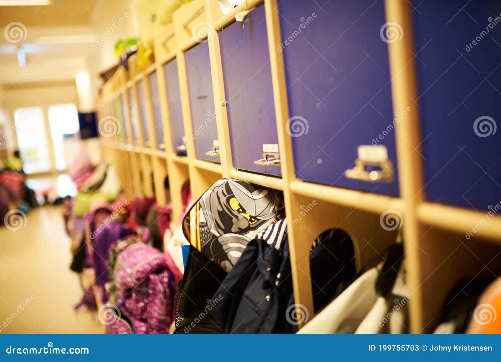 A Kids Lego Backpack Hanging on a Rack at School Stock Image - Image of ...