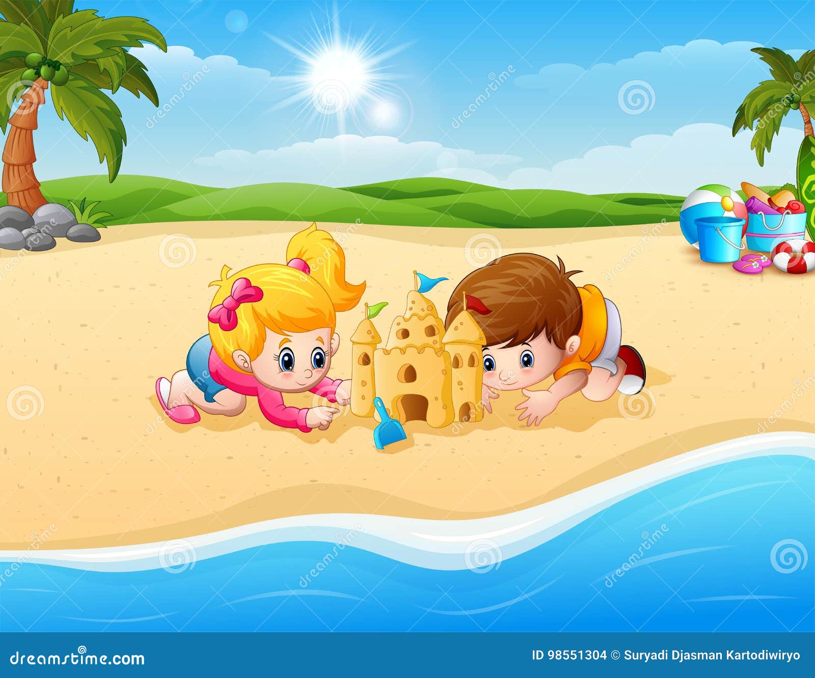 Kids Making Sand Castle at the Beach Stock Vector - Illustration of ...