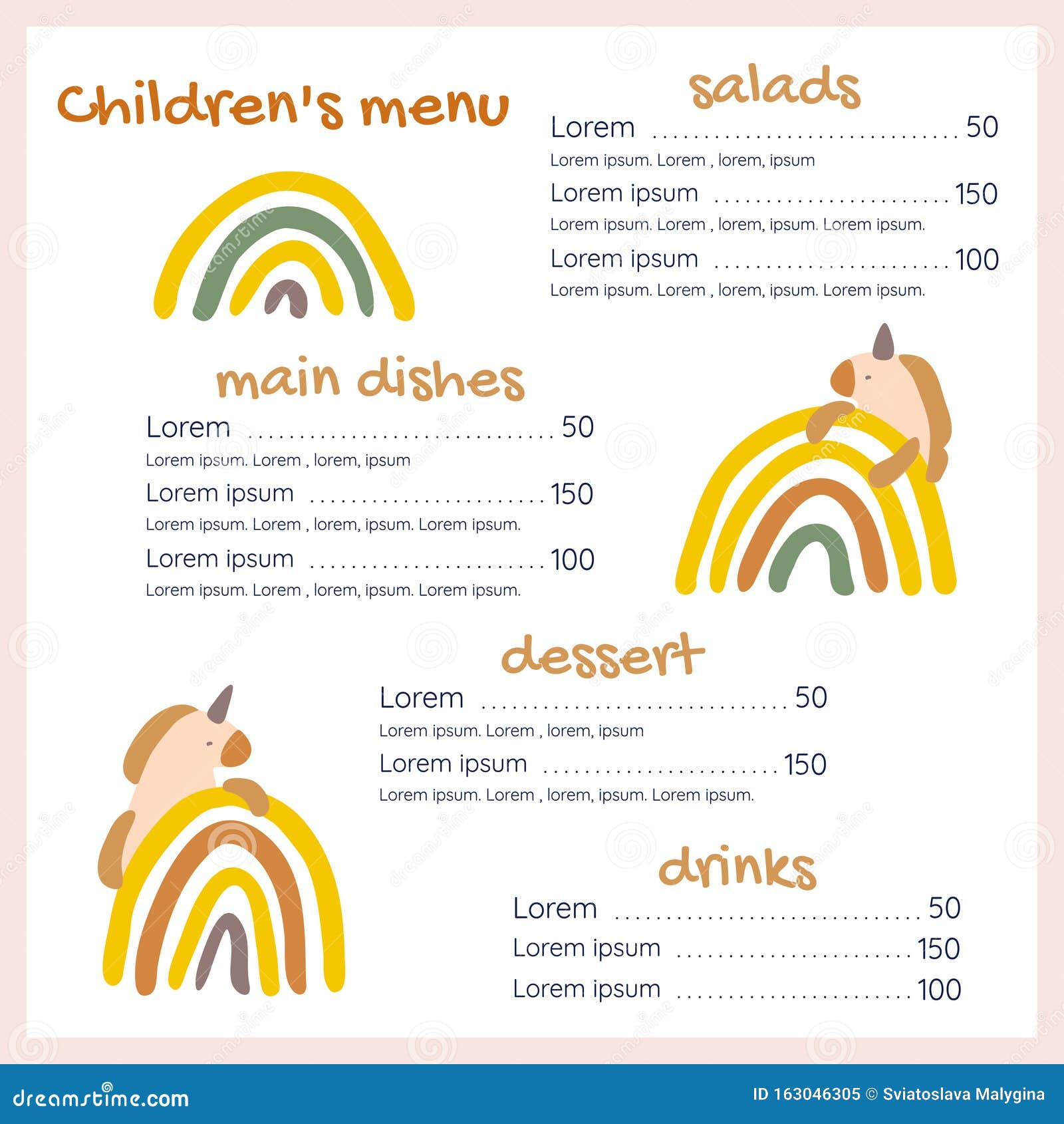 Kids Menu with Unicorns and Rainbows Stock Vector - Illustration of ...