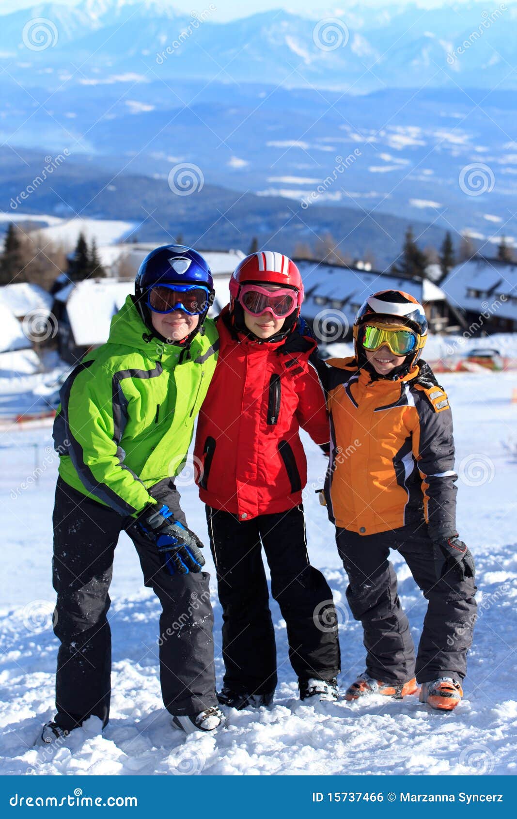 Kids on Mountain Slope in Snow Stock Photo - Image of youngsters, male ...