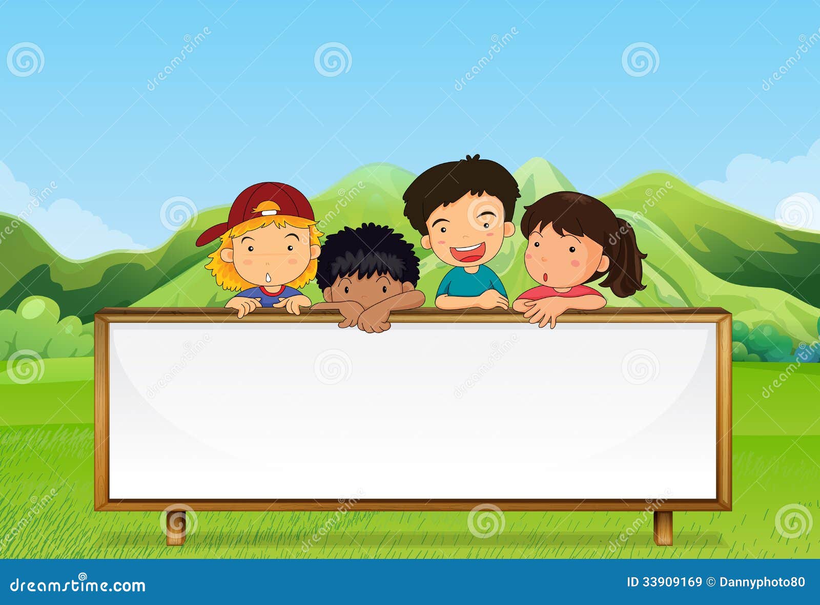 Kids Near the Mountain with an Empty Signboard Stock Vector ...