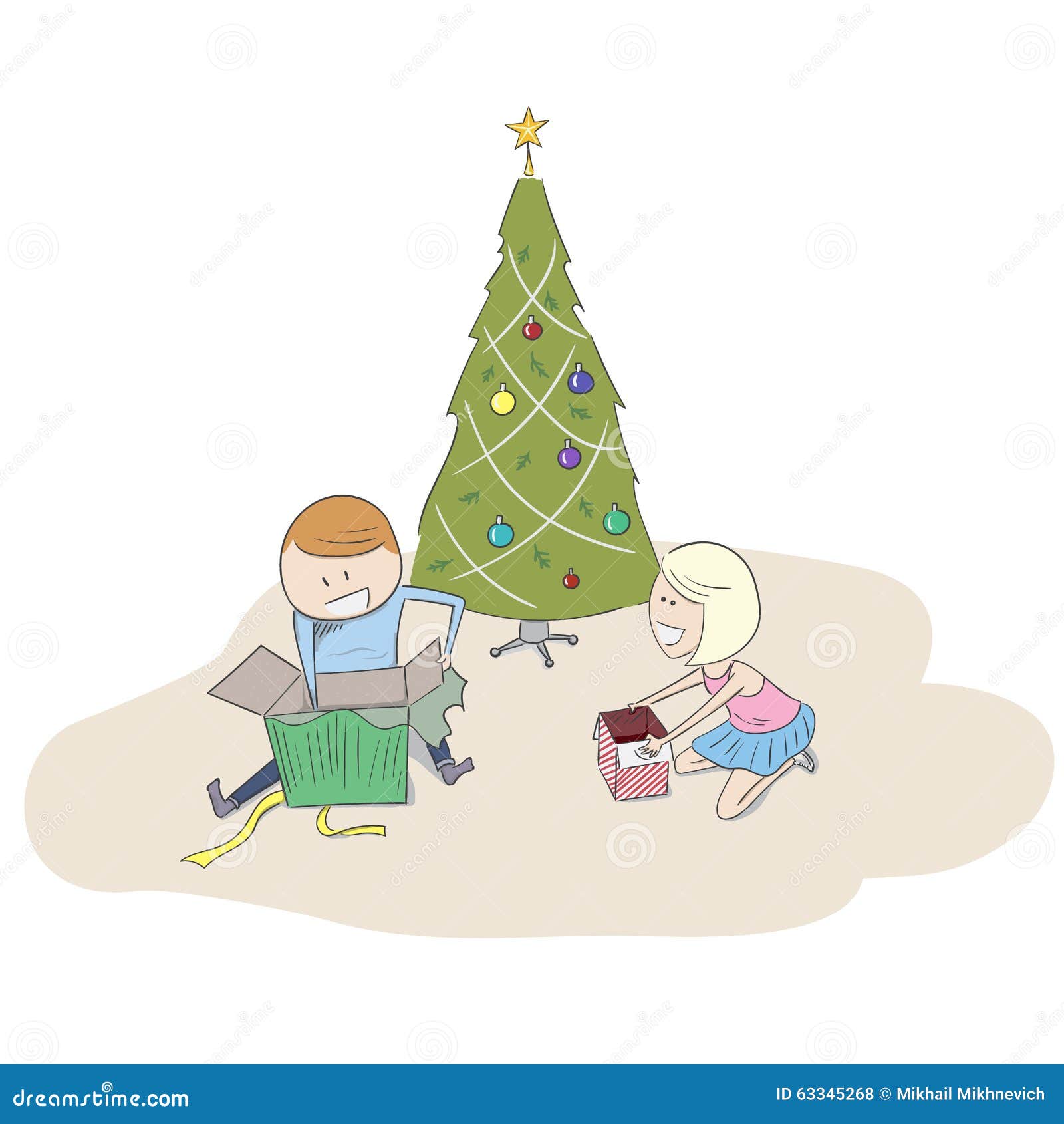 Kids Opening Their Christmas Presents Stock Vector - Illustration of ...