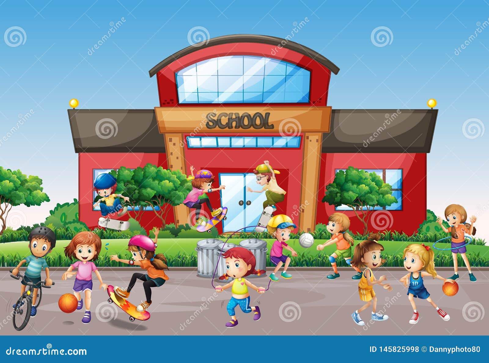 Kids Outside School Building Vector Illustration | CartoonDealer.com ...