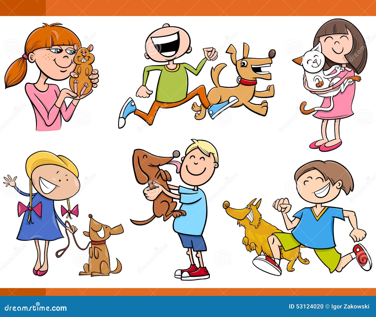 Kids With Pets. Happy Cartoon Children Characters With Adopted Home ...
