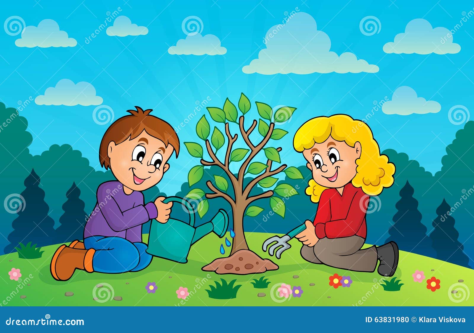 Kids Planting Tree Theme Image 2 Cartoon Vector | CartoonDealer.com ...
