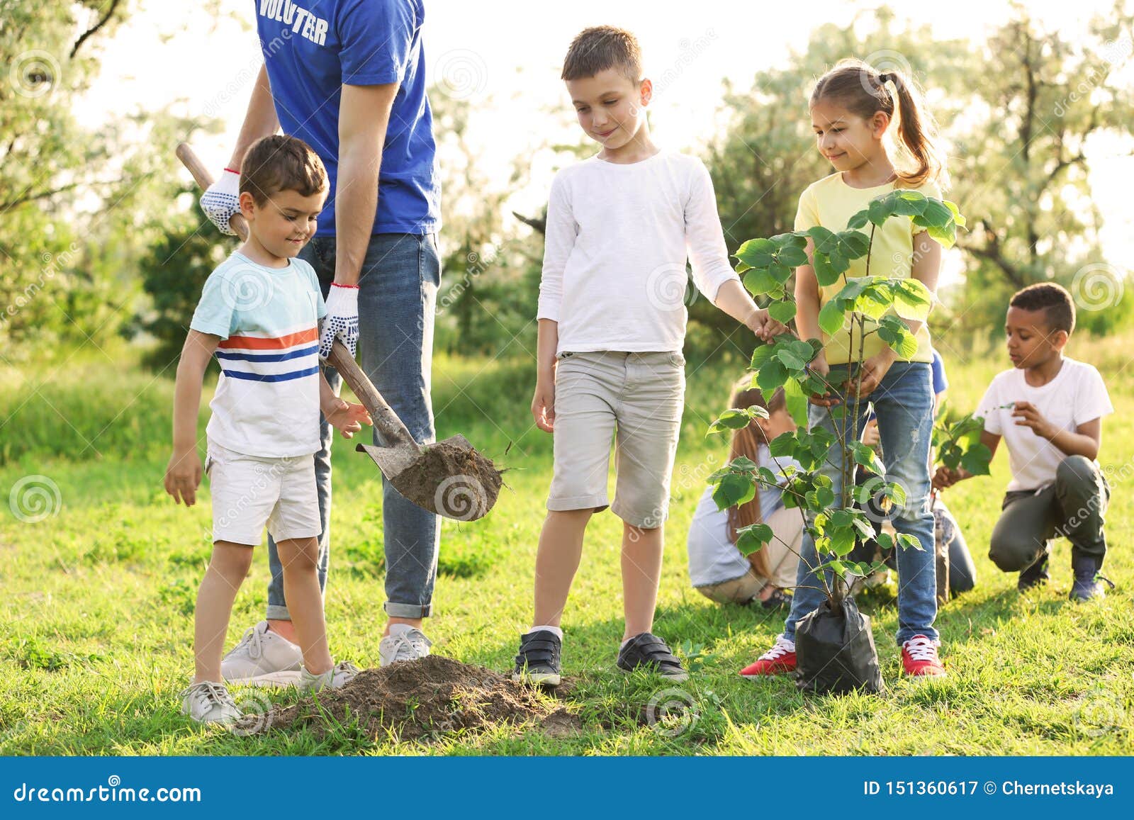Kids Planting Tree with Volunteer Stock Image - Image of community ...