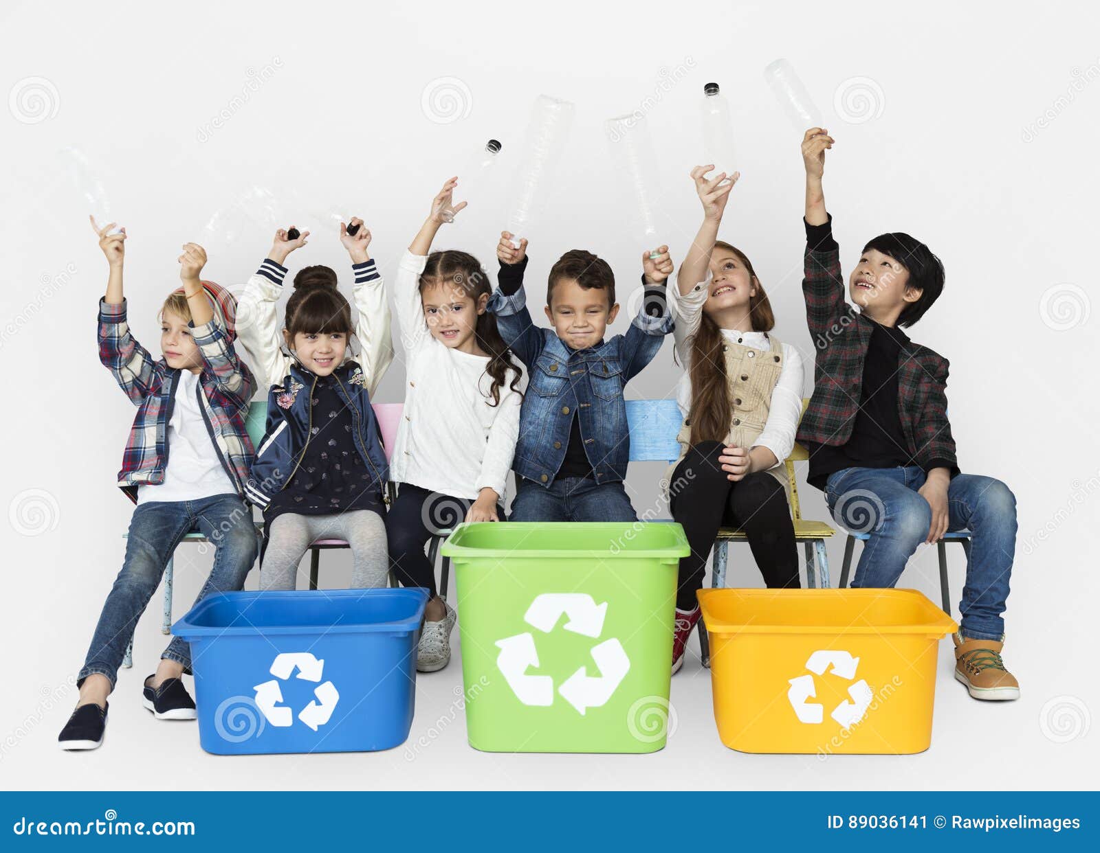 Kids and Plastic Bottles in a Recycle Bin Stock Image - Image of ...
