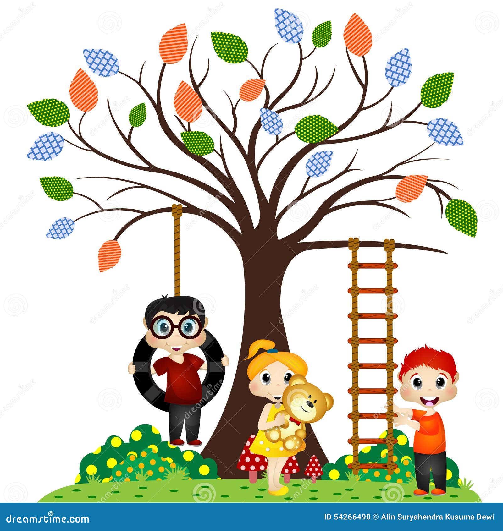 Kids play under the tree stock vector. Illustration of park - 54266490