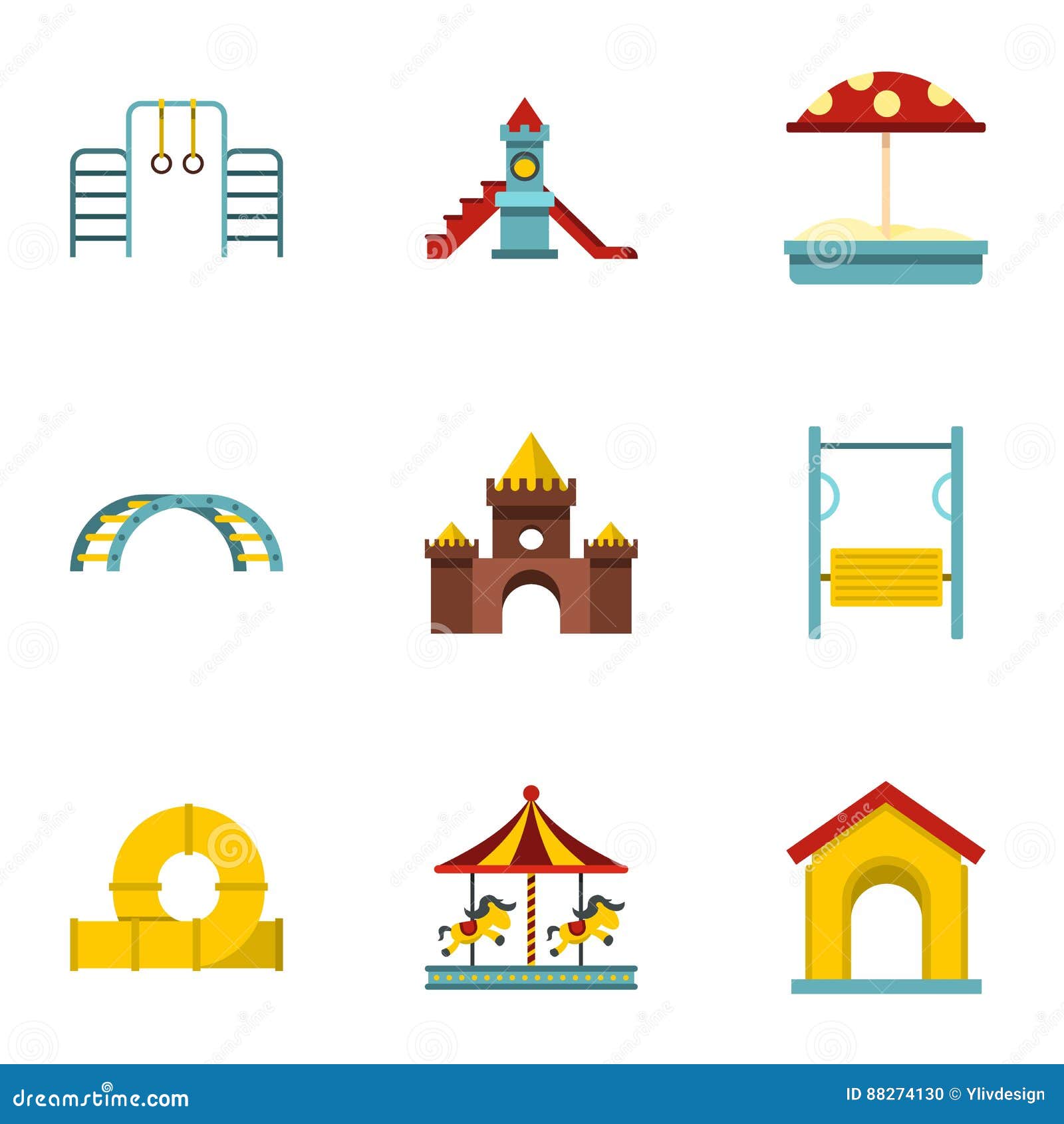 Kids Playground Icons Set, Flat Style Stock Vector - Illustration of ...