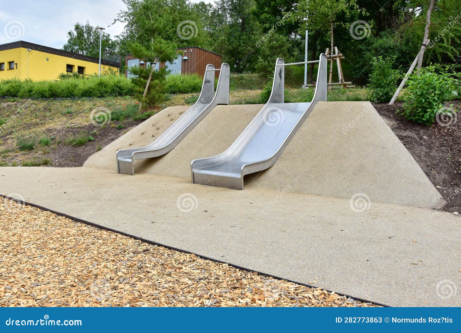 Kids Playground. Two Slides Stock Image - Image of leisure, lawn: 282773863