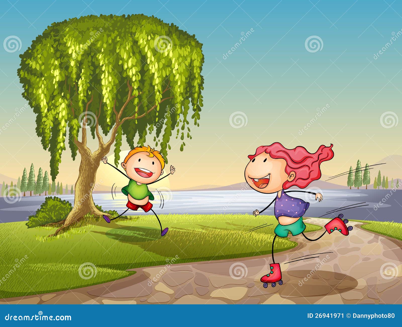 Kids playing around tree stock vector. Illustration of river - 26941971
