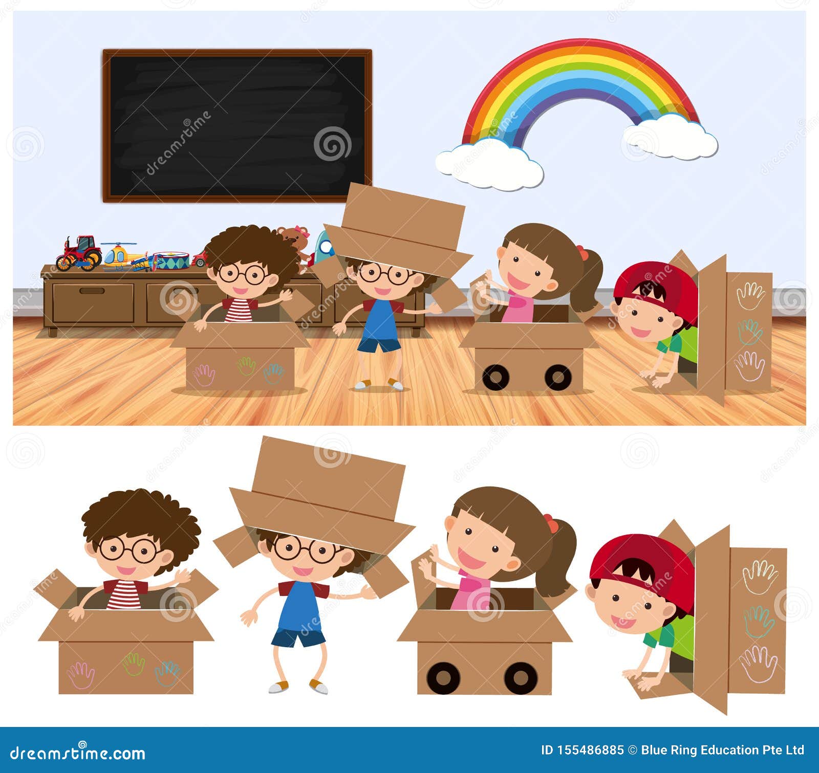Kids Playing in Boxes on White Stock Vector - Illustration of school ...