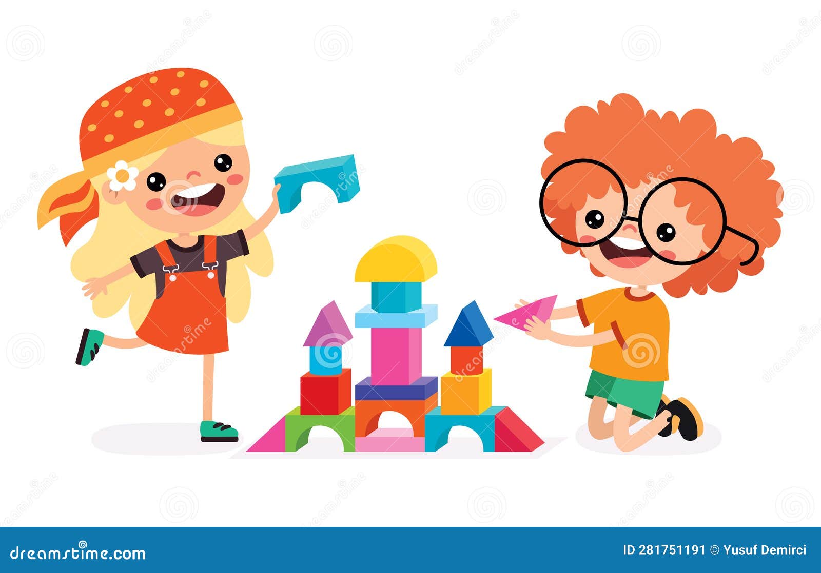 Kids Playing with Building Blocks Stock Illustration - Illustration of ...