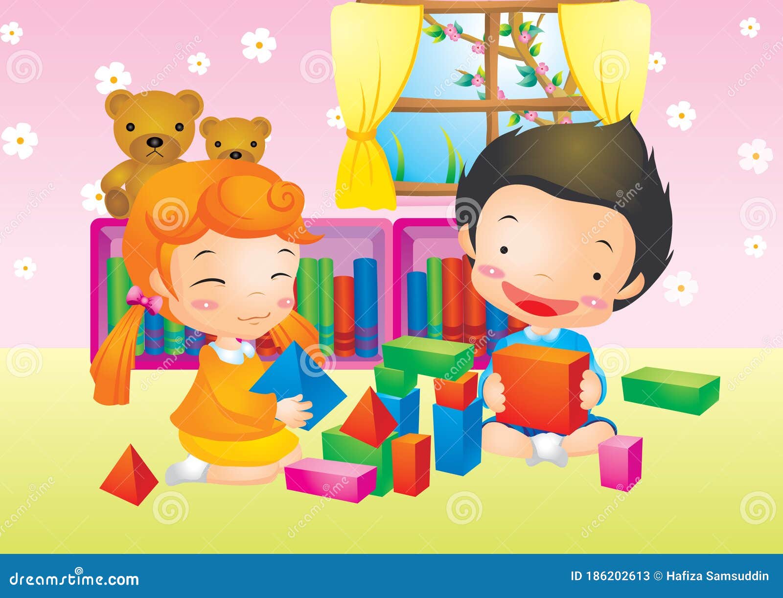 Kids Playing with Building Blocks. Vector Illustration Decorative ...