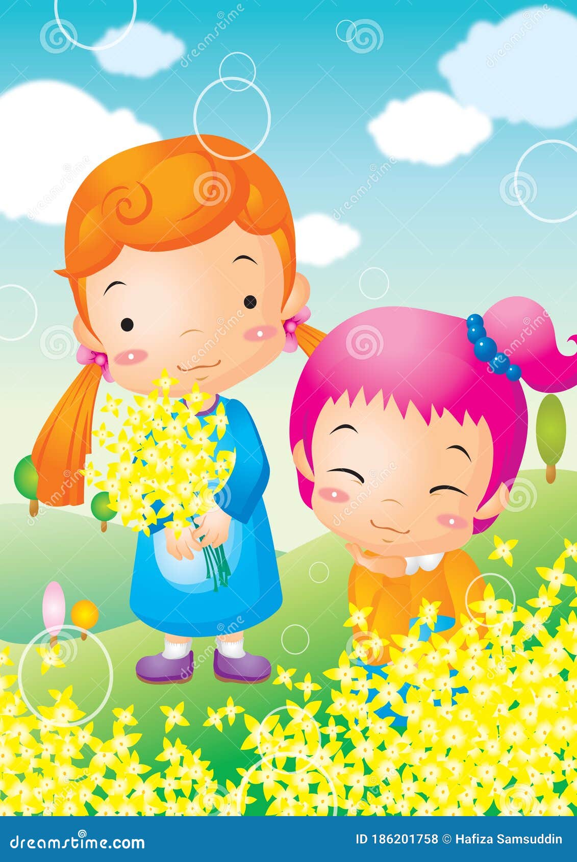 Kids Playing in Flower Garden. Vector Illustration Decorative Design ...