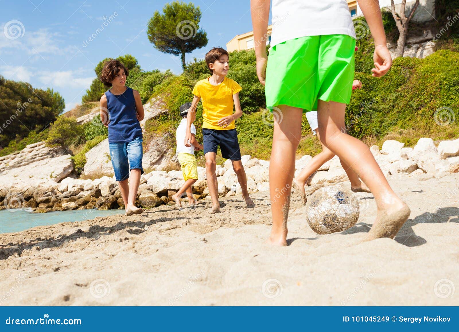 Kids Playing Football Barefoot on Sandy Beach Stock Image - Image of ...
