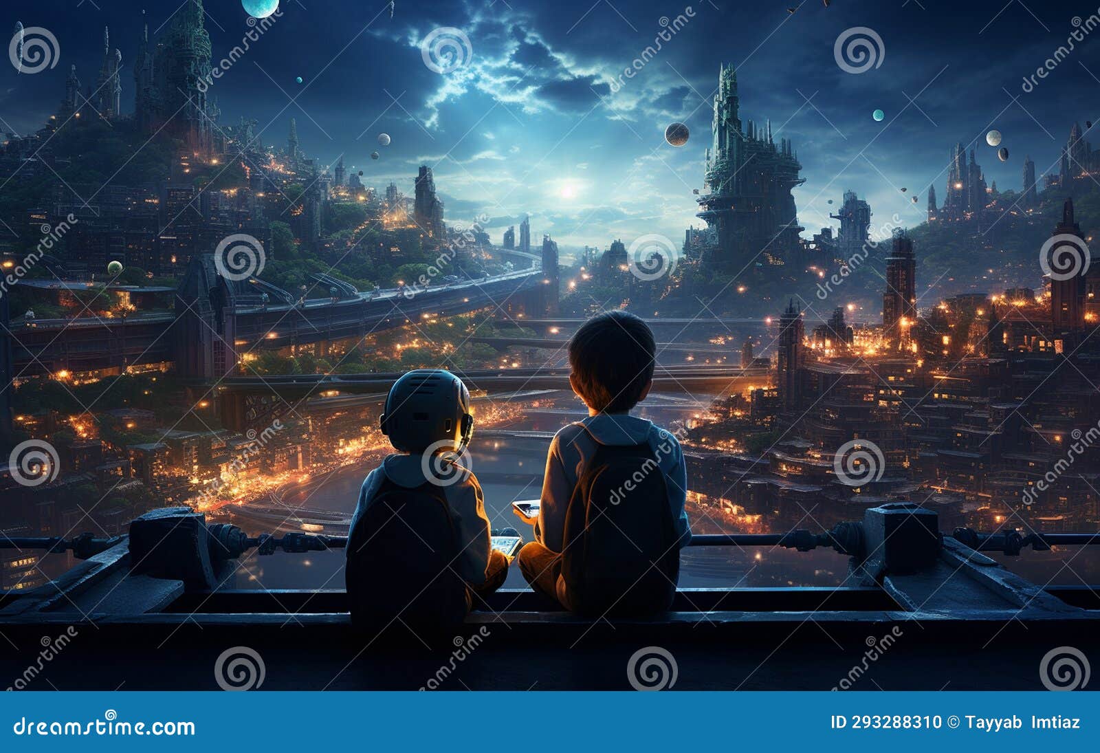 Kids Playing a Futuristic Advanced Game: Back View" Generative AI Stock ...