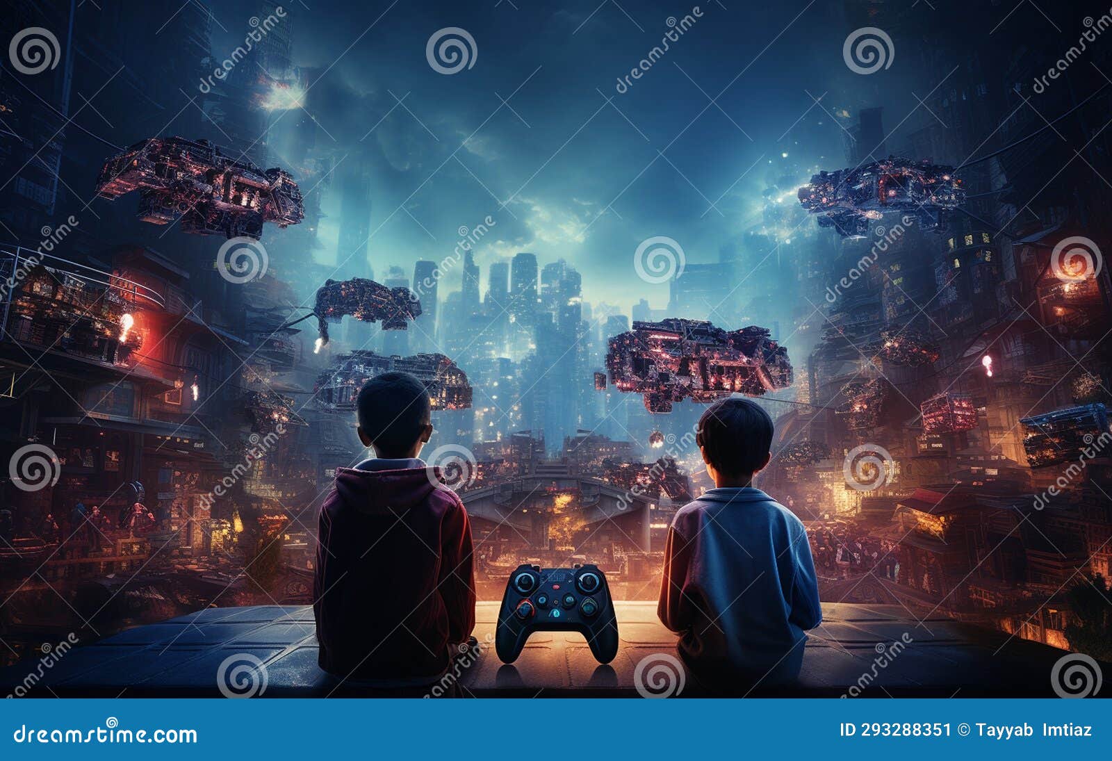 Kids Playing a Futuristic Advanced Game: Back View" Generative AI Stock ...