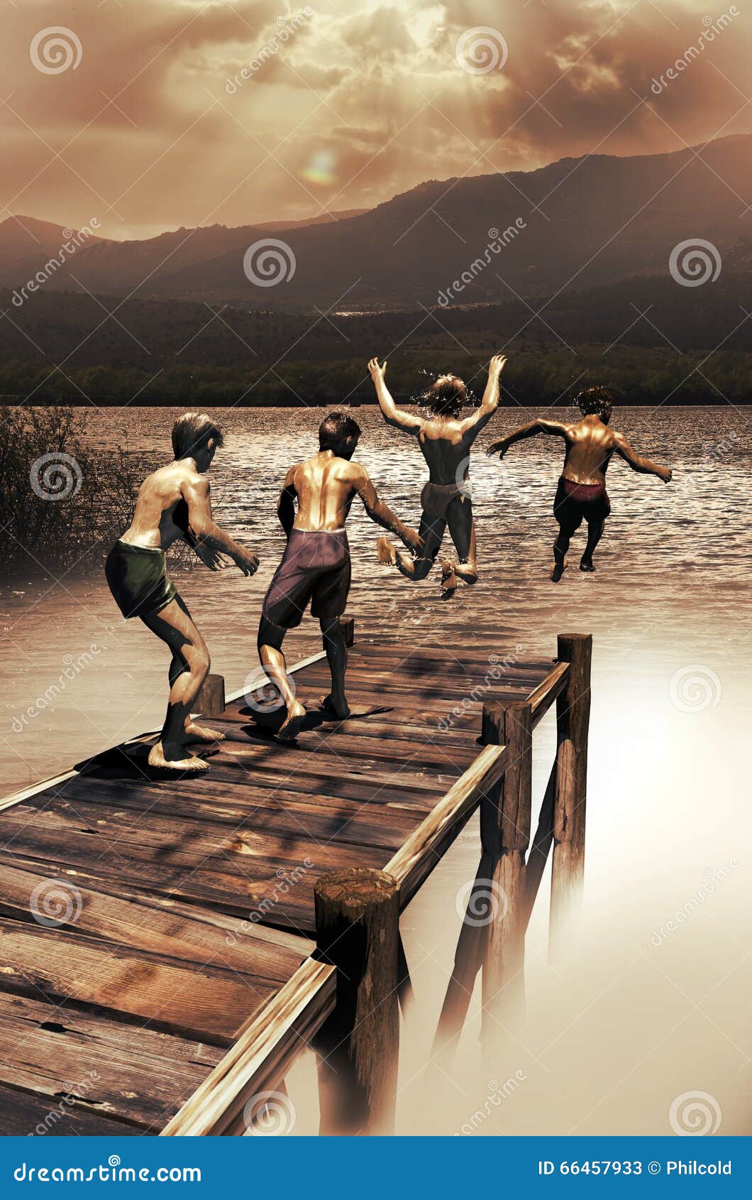 Kids playing at the lake stock illustration. Illustration of kids ...