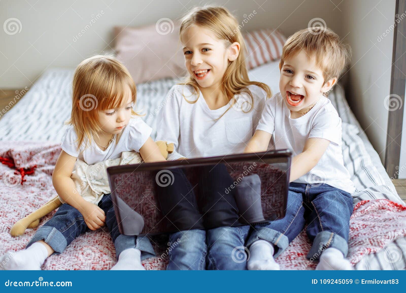 Kids Playing with Laptop Computer at Home. Stock Image - Image of music ...