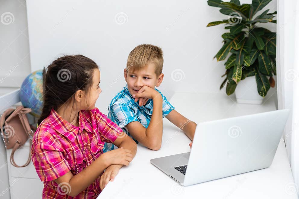 Kids Playing with Laptop Computer at Home Stock Image - Image of ...