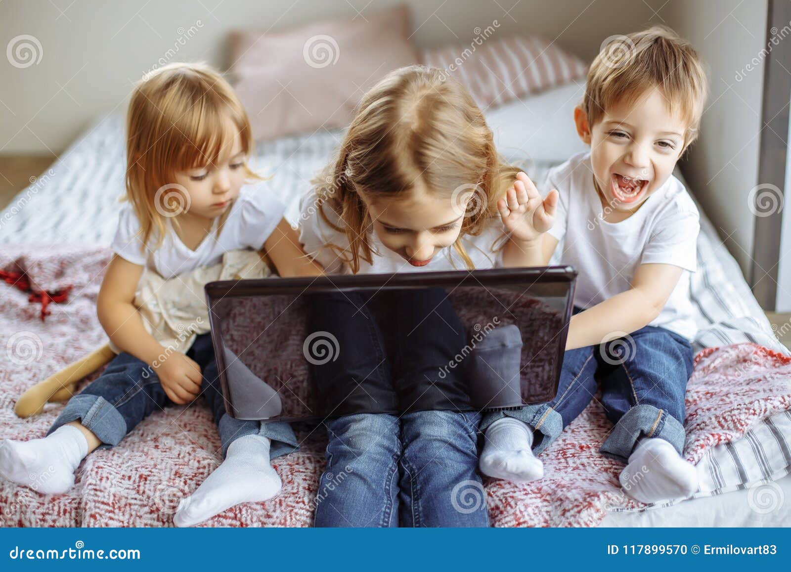 Kids Playing with Laptop Computer at Home Stock Photo - Image of ...