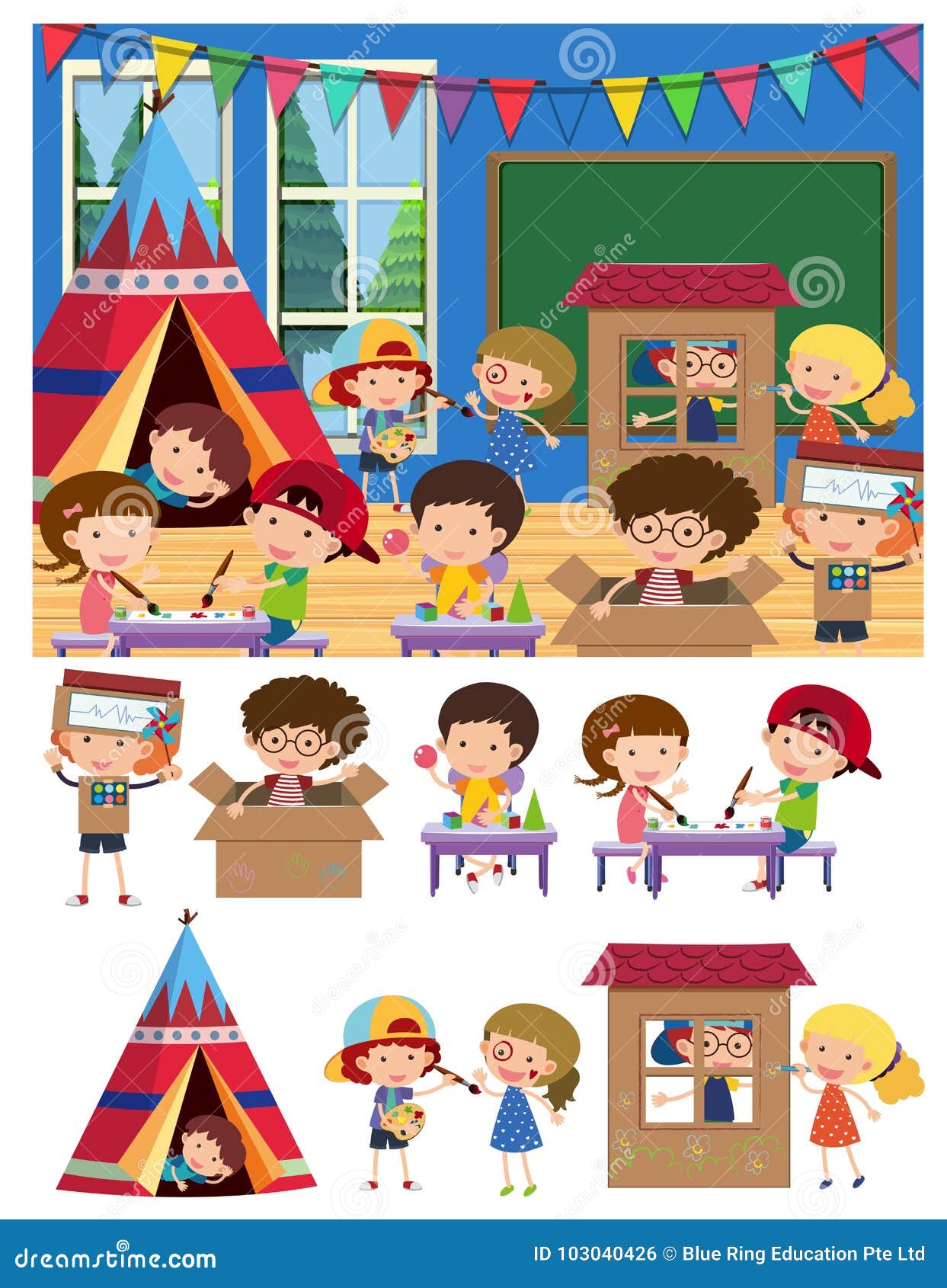 Kids Playing and Learning in Classroom Stock Vector - Illustration of ...