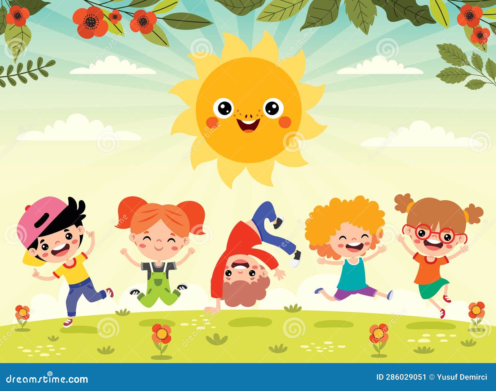 Kids Playing at Nature with Sun Stock Illustration - Illustration of ...