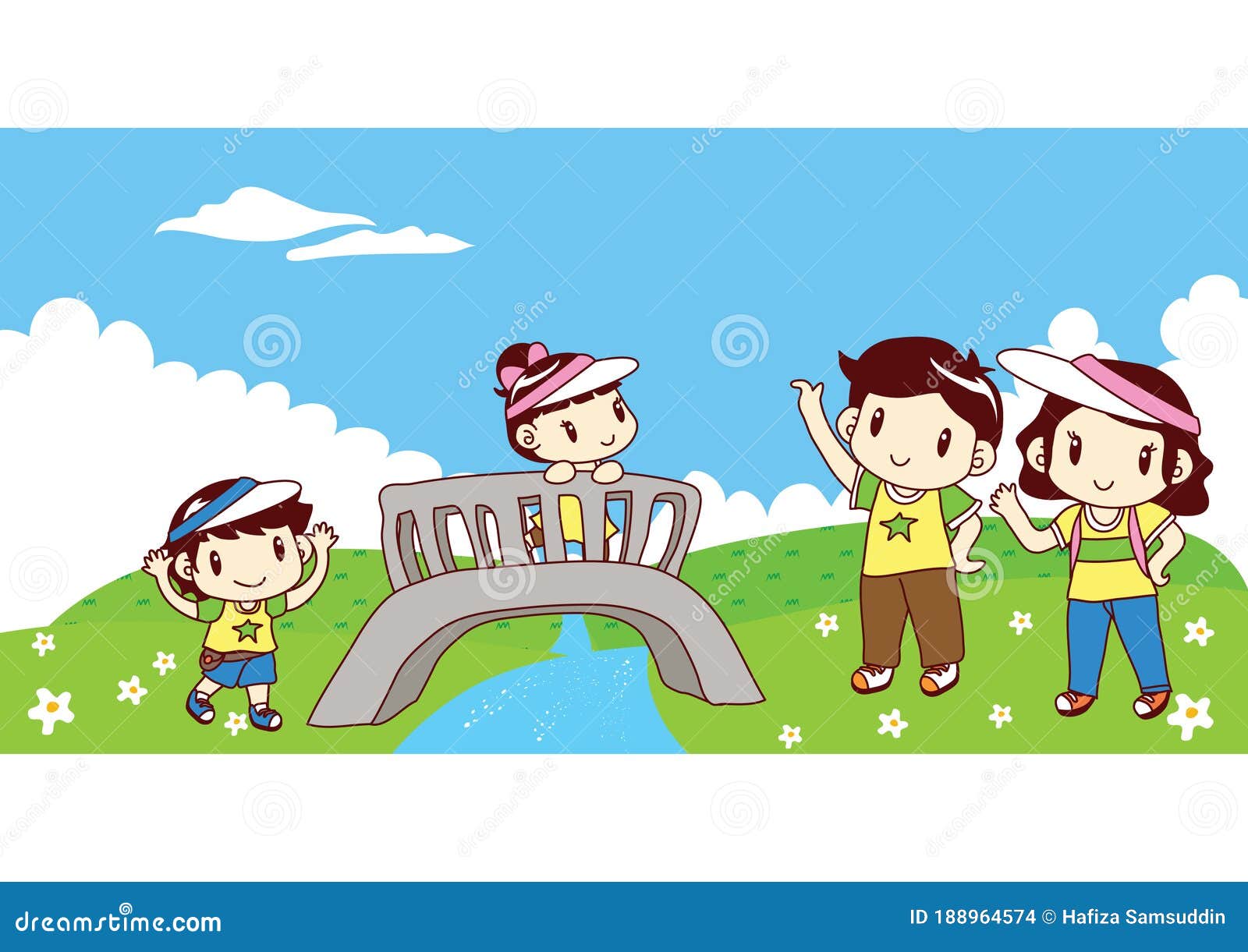 Kids Playing on a Park Bridge. Vector Illustration Decorative Design ...