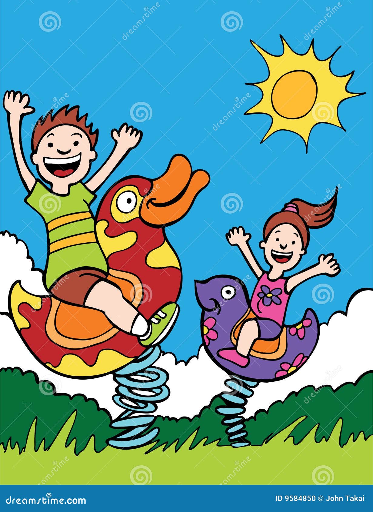 Kids On Rides Cartoon Illustration Of Boy And Girl Riding On ...