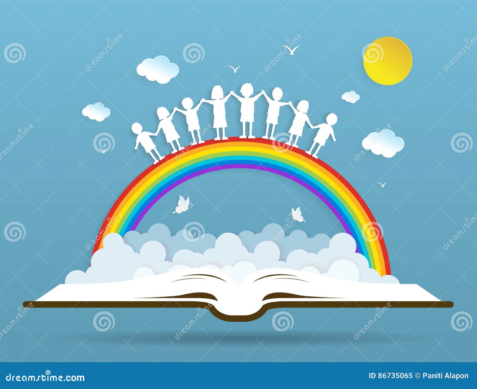 Kids Playing with the Rainbow on Book Stock Vector - Illustration of ...