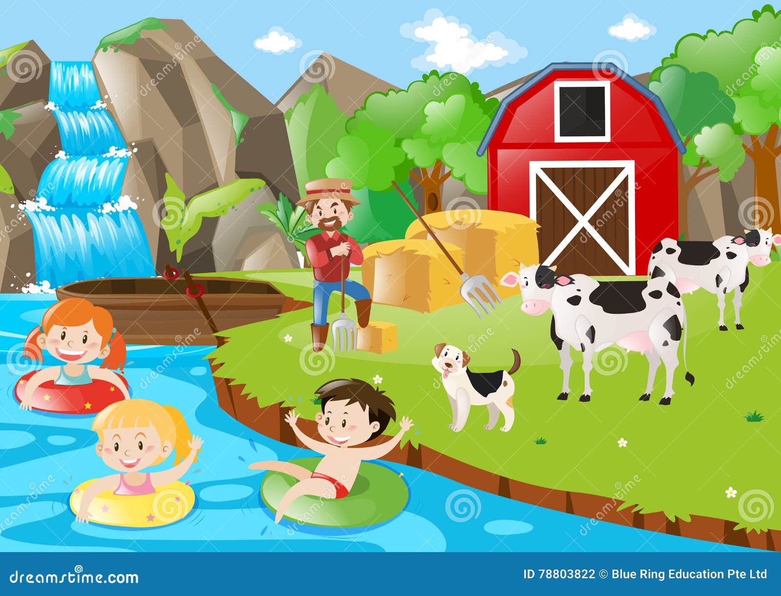 Kids Playing in the River by the Farm Stock Illustration - Illustration ...
