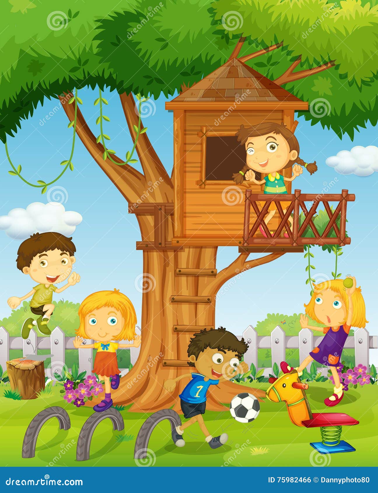 Kids Playing in the Treehouse Stock Vector - Illustration of football ...