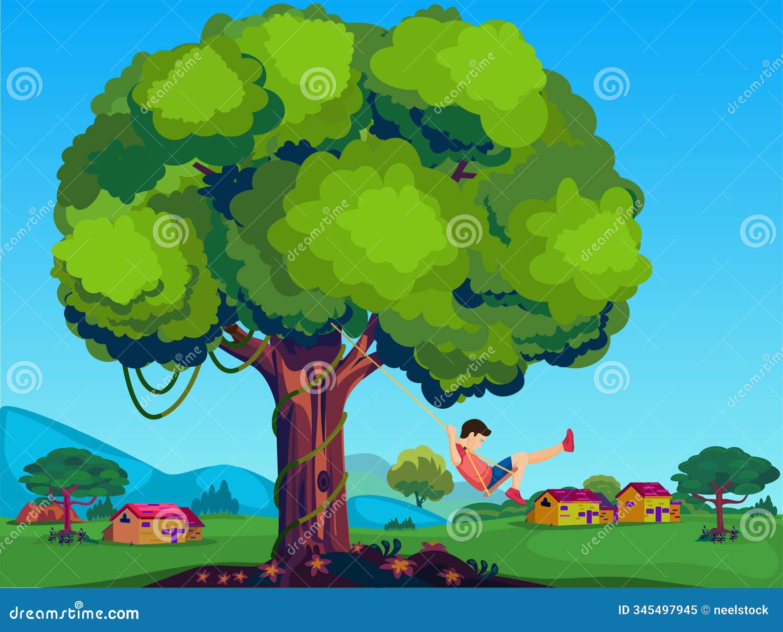 Village, Kids Playing Under Tree Stock Vector - Illustration of wind ...