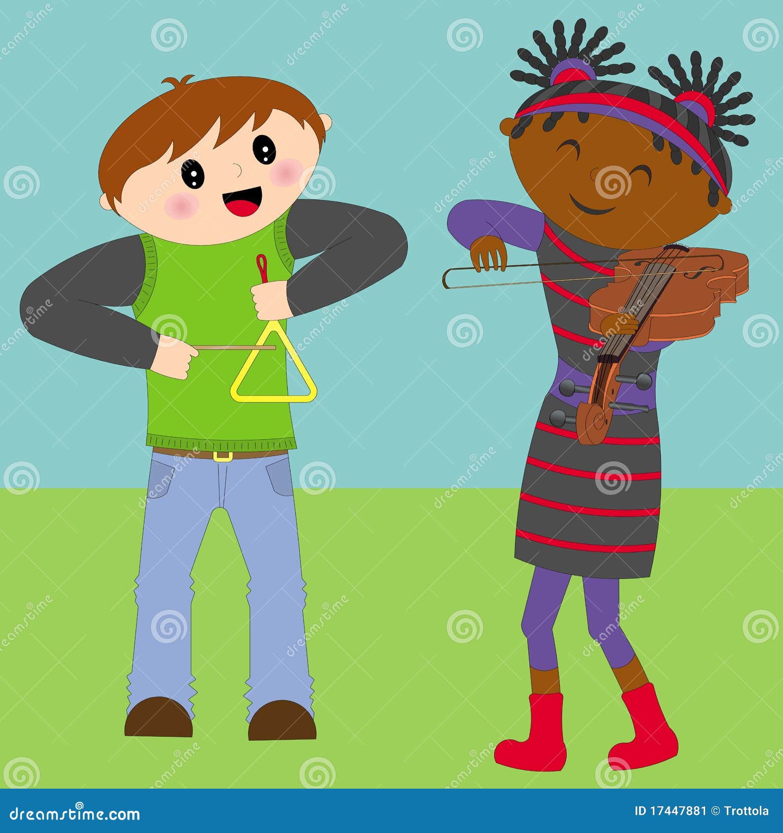 Kids Playing Violin and Triangle Stock Illustration - Illustration of ...