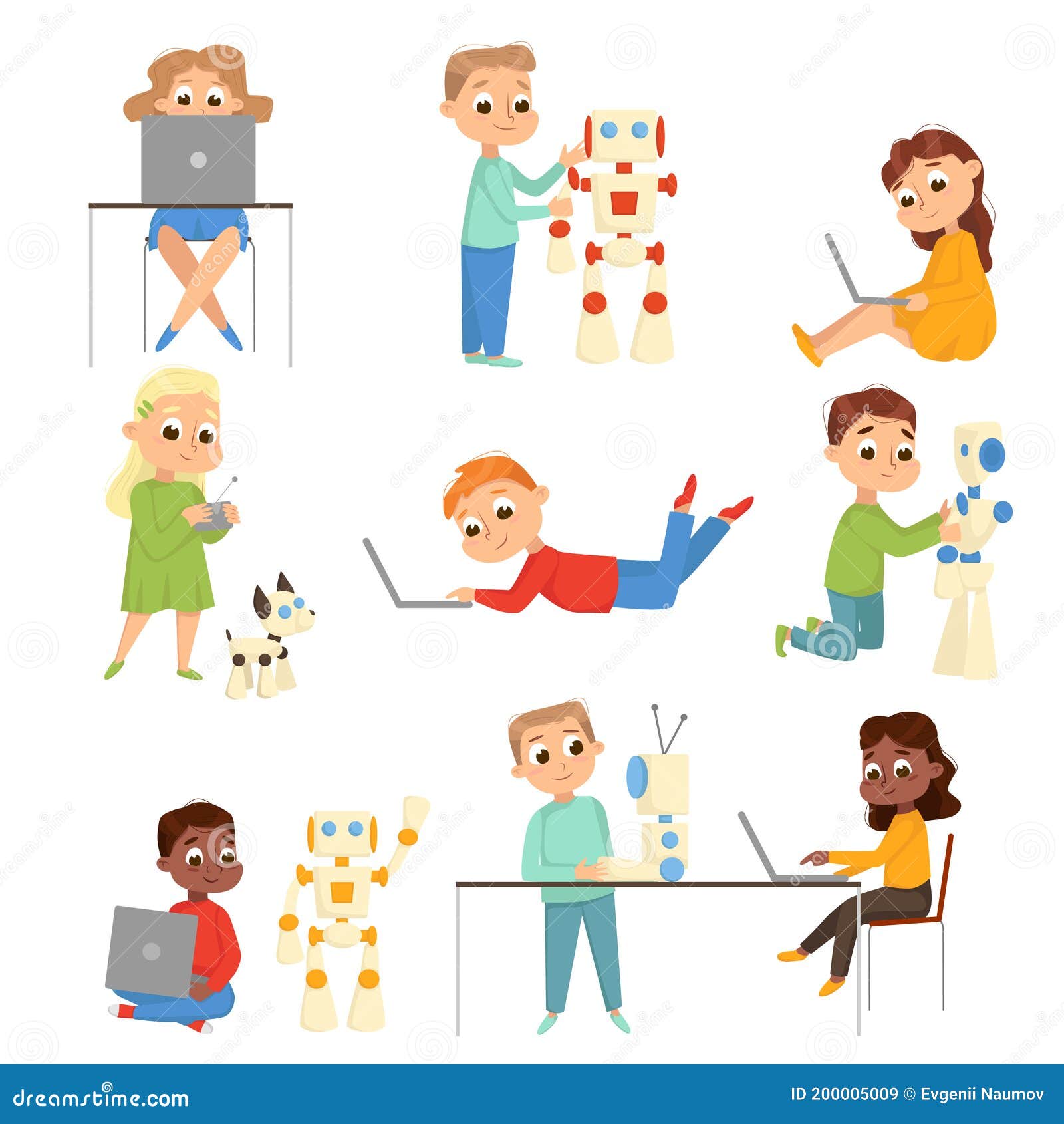 Kids Programmer Characters Set, Boys and Girls Using Computers ...